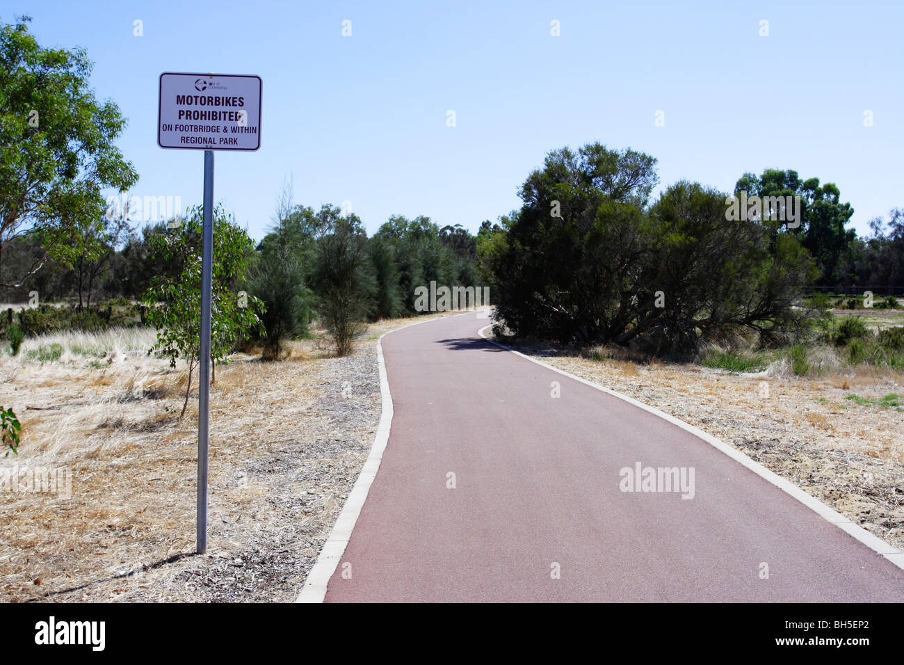 "Motorbikes Prohibited" sign at Canning River Regional Park near Perth ...