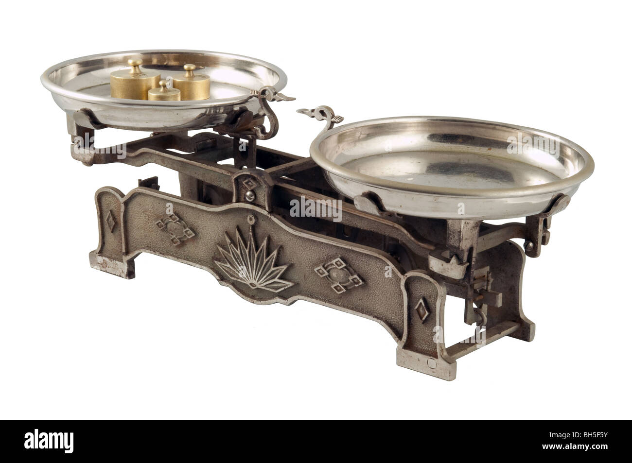 Old balance with weights isolated on white Stock Photo - Alamy