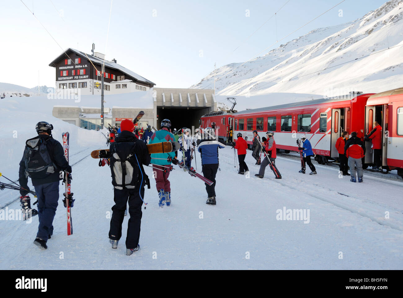 Matterhorn-Gotthard-Bahn train at Oberalppass, Swiss Alps Stock Photo ...