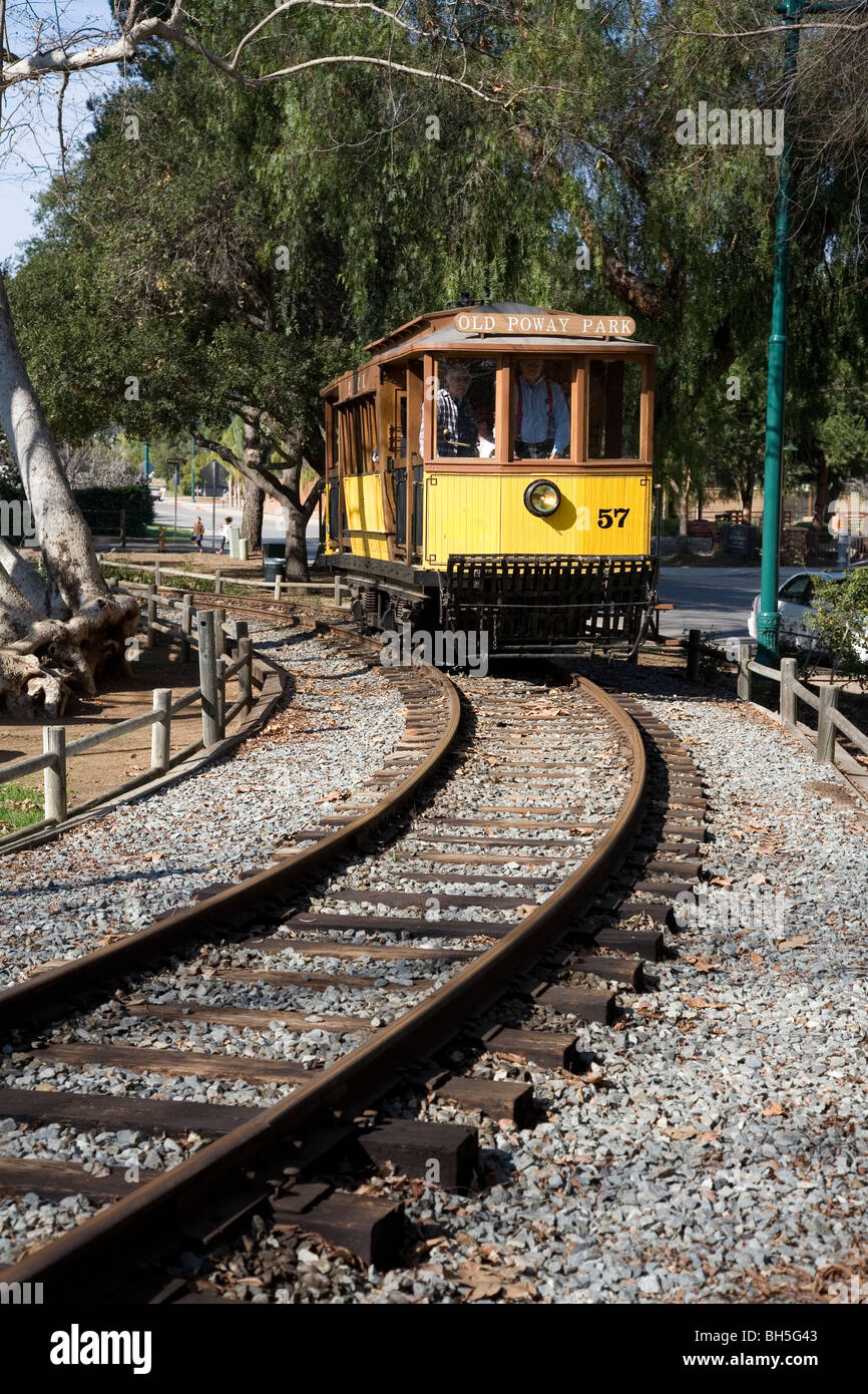 1894 Los Angeles Yellow-Line Trolley Car going around track, Poway ...
