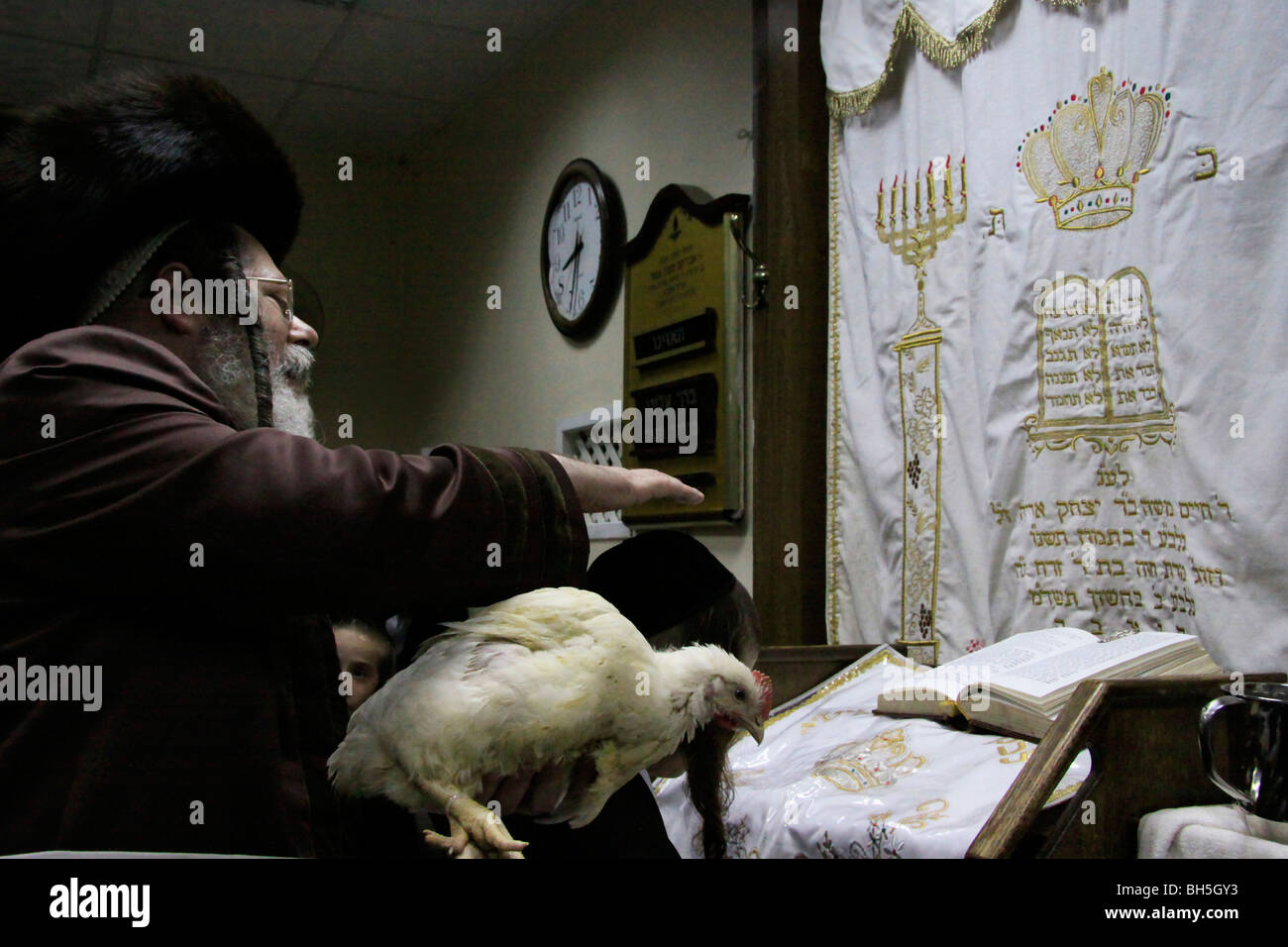 Israel, Bnei Brak, Kapparot ceremony at the Premishlan congregation ...