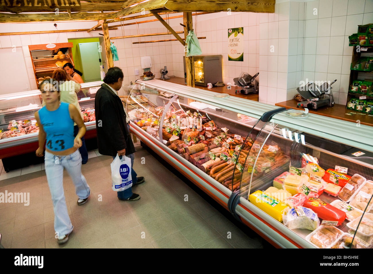 Butcher's shop interior – and meat displayed in chiller cabinets, in ...