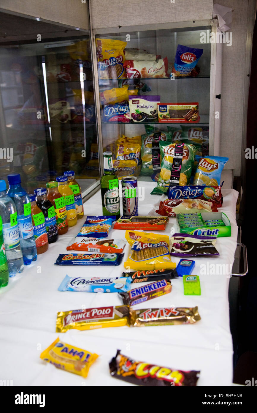 A simple display of sweets, confectionery, & crisps, in a Polish buffet ...