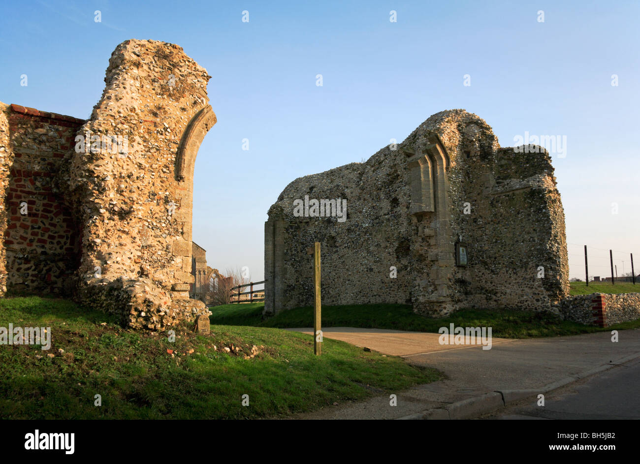 Ruined gatehouse at the entrance to the ruins of Binham Priory, and the ...