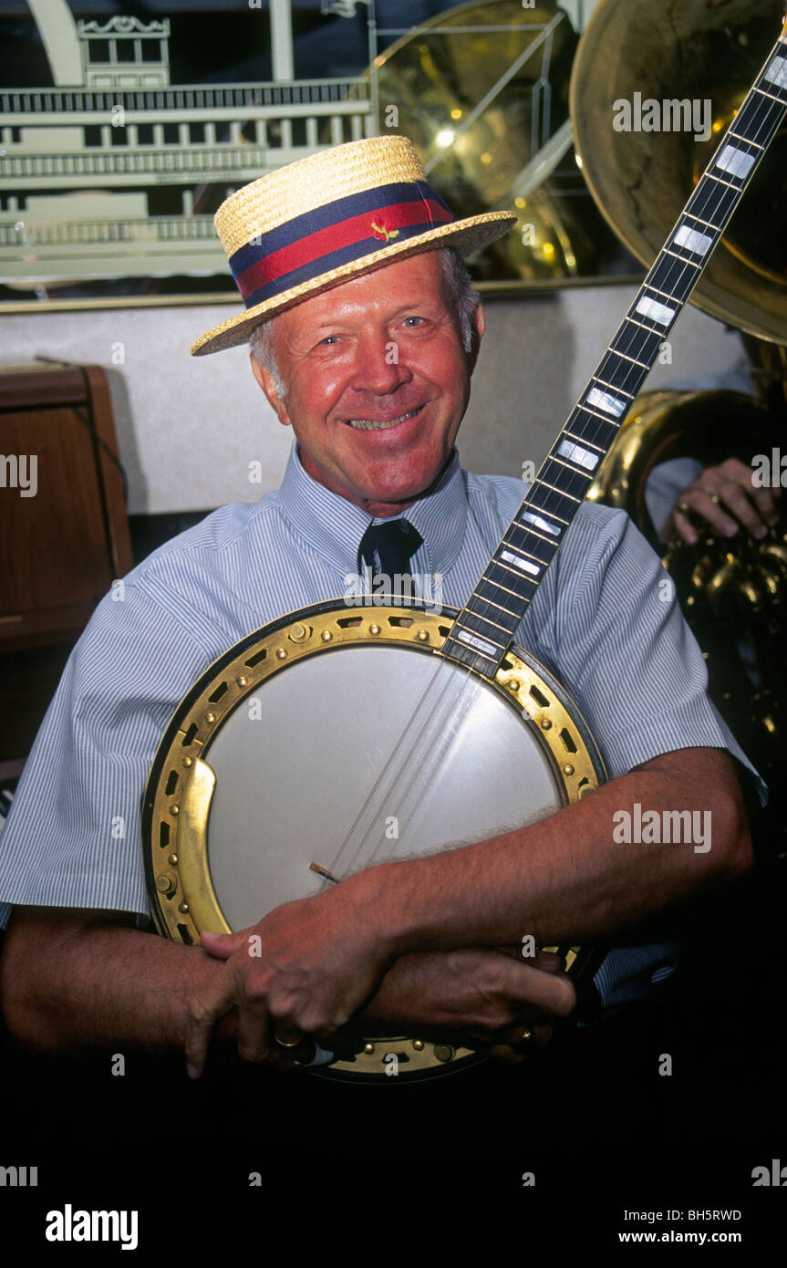 A ragtime banjo player aboard the Mississippi Queen steamboat on the ...