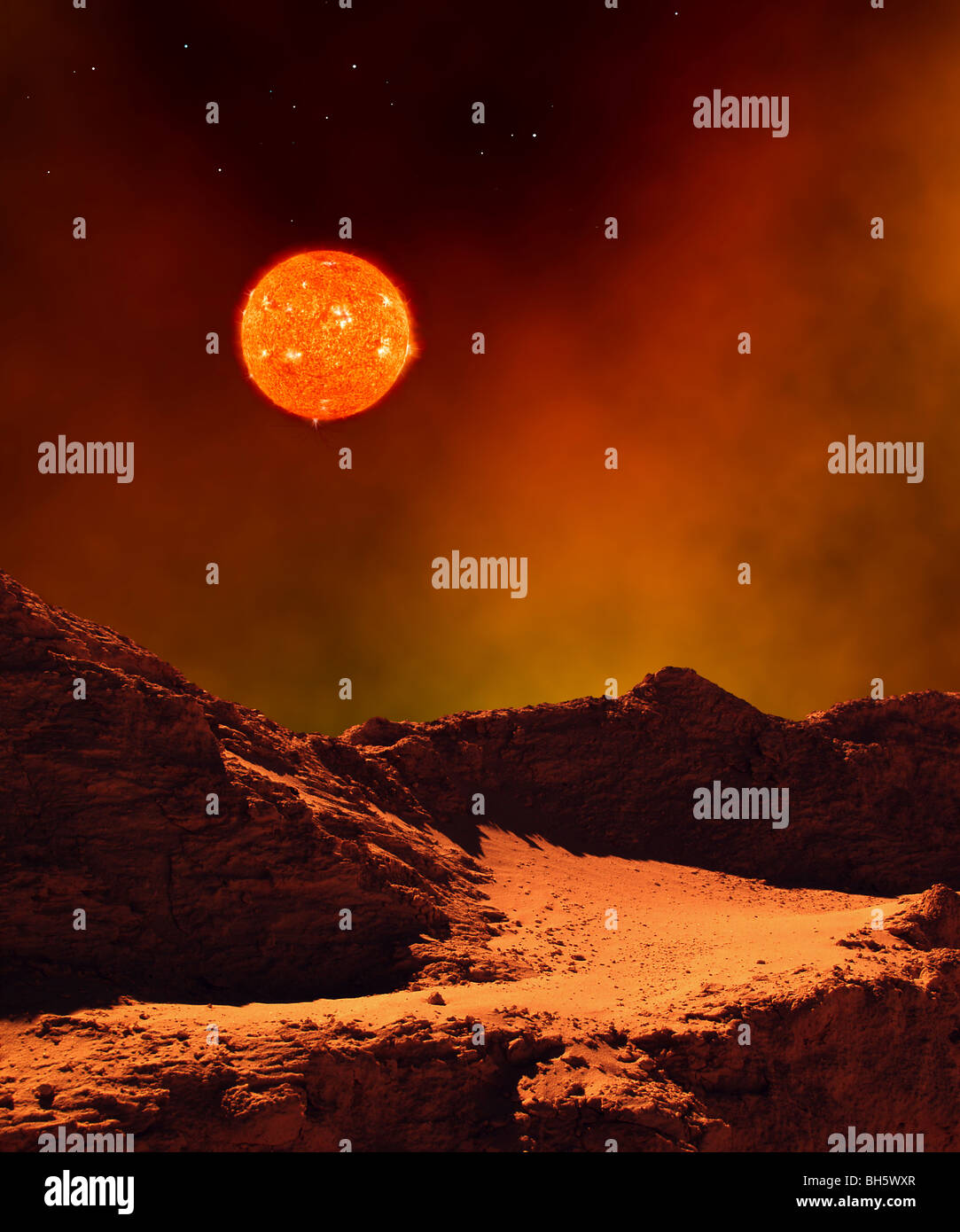 A rugged planet landscape dimly lit by a distant red star Stock Photo ...