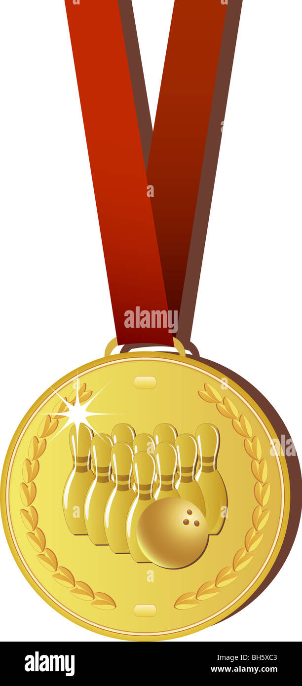Gold ten pin bowling medal with red ribbon Stock Photo - Alamy