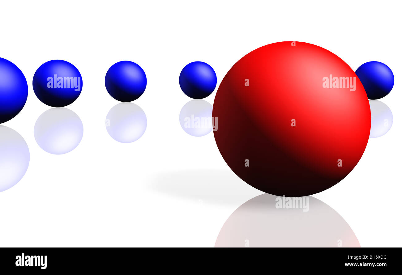 Unique red sphere with a row of dark blue spheres. Reflection, a soft ...