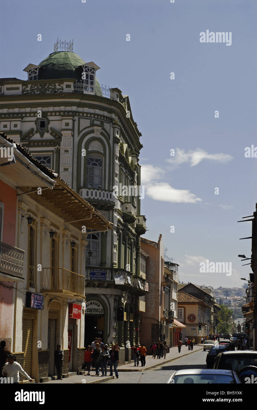 Ecuador, Cuenca, low angle view of urban scene with old traditional and ...
