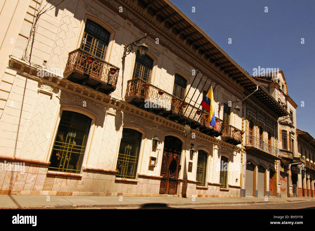 Ecuador, Cuenca, low angle view of a designed structure with balconies ...