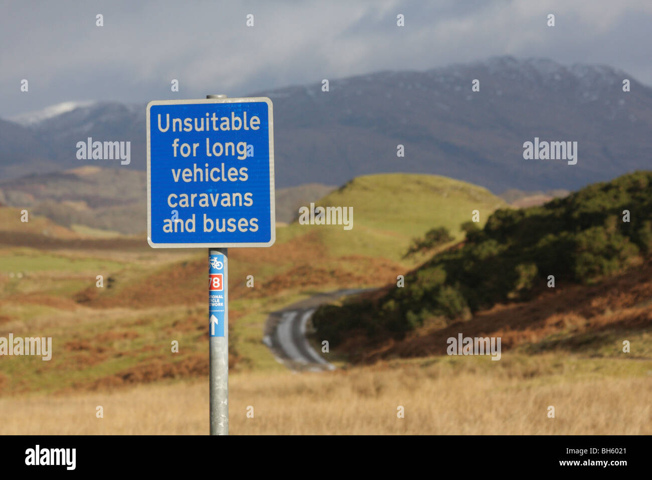 Blue traffic sign "unsuitable for long vehicles" with a single track ...