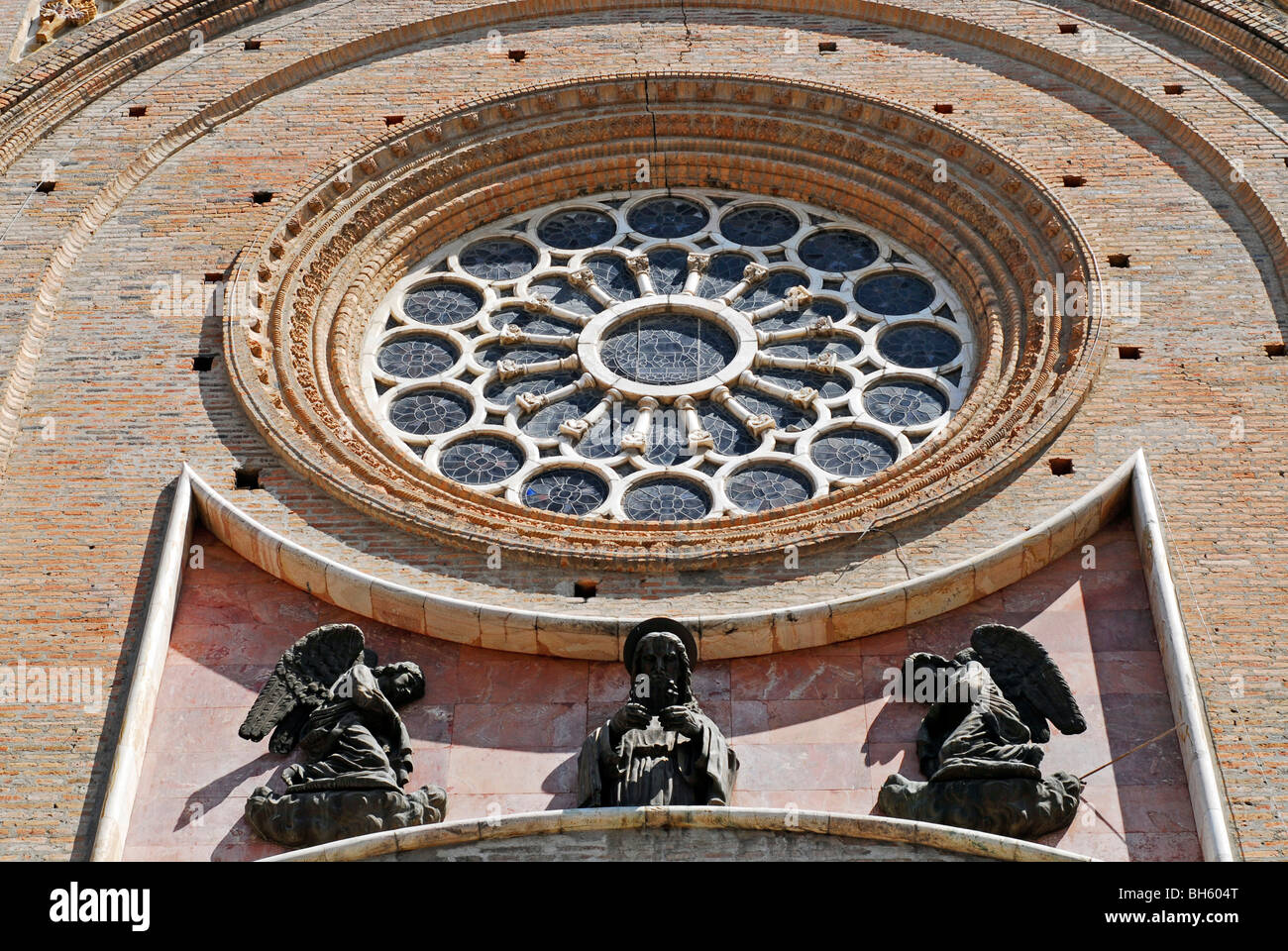 Ecuador, Cuenca, detail view of a circular stained glass window with ...