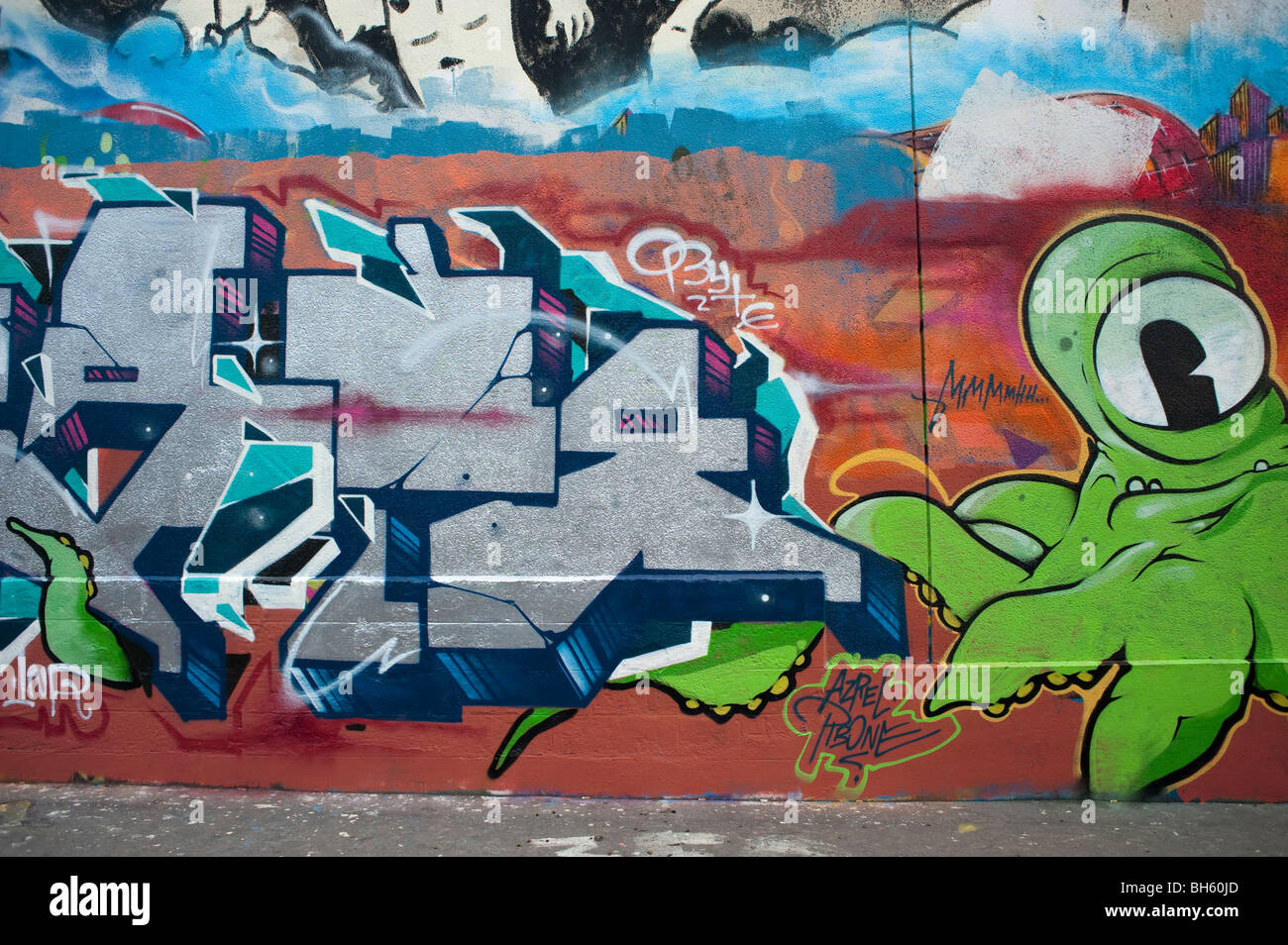 Paris, France, Graffiti Mural Paintings on Wall, Outside Street ...