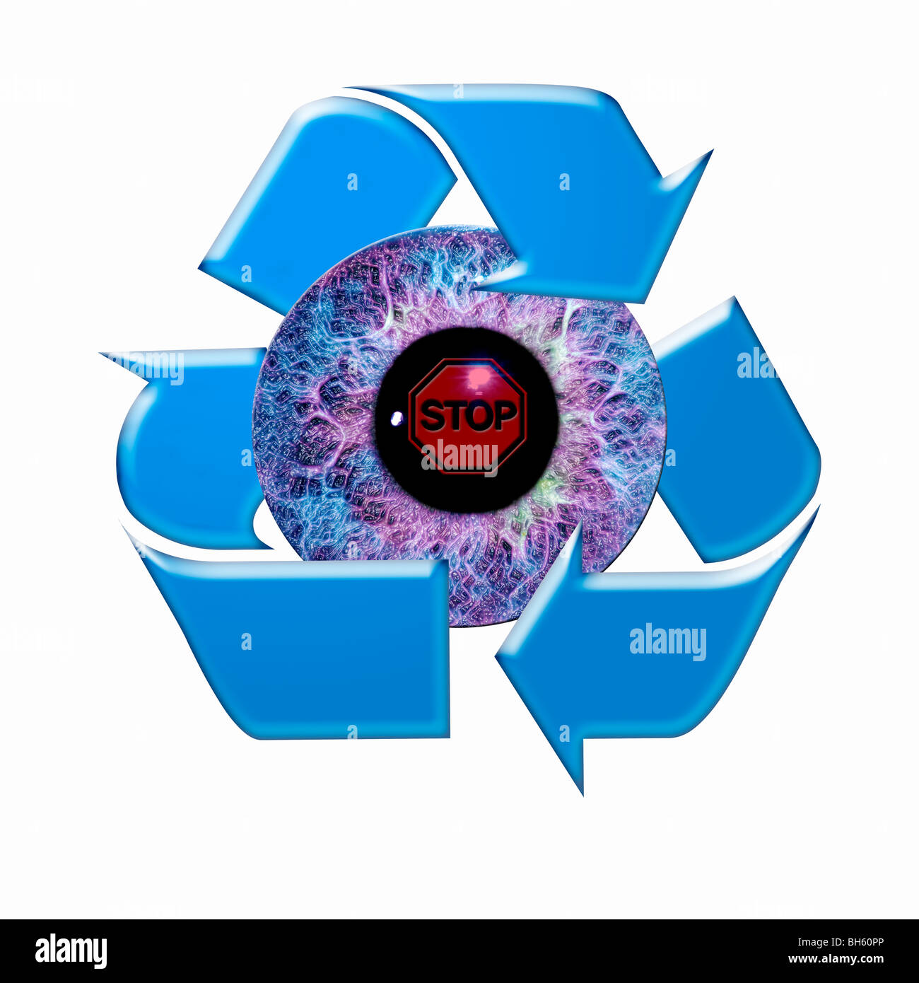 Recycle Symbol surrounding an image of an eye with a Stop sign ...