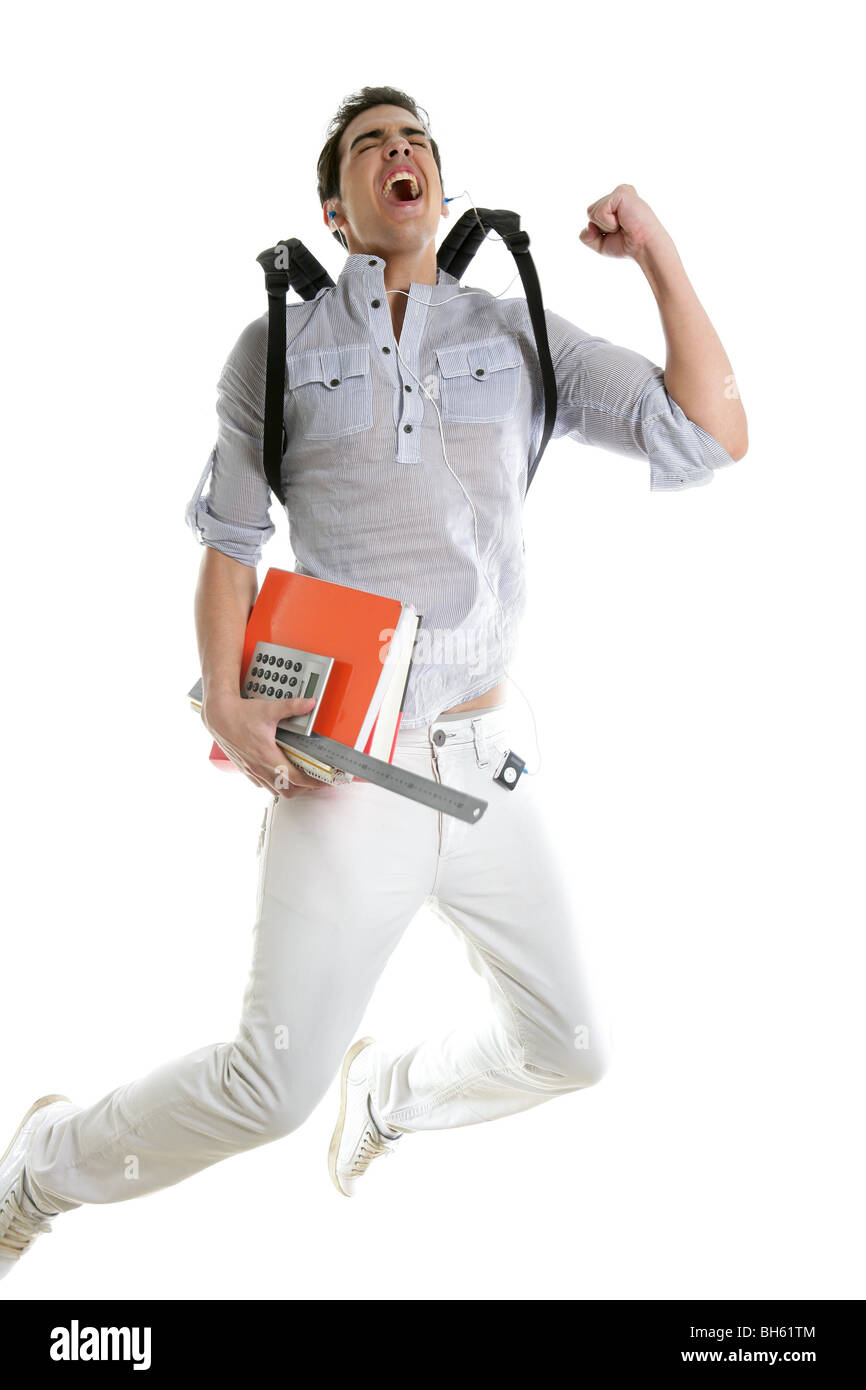 Happy student jump with college stuff in hand isolated on white Stock ...