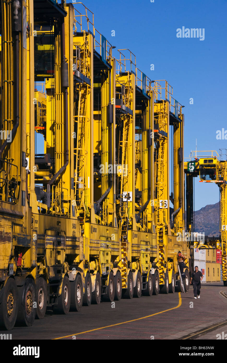 A line of container straddle carriers dwarf a mechanic and another ...