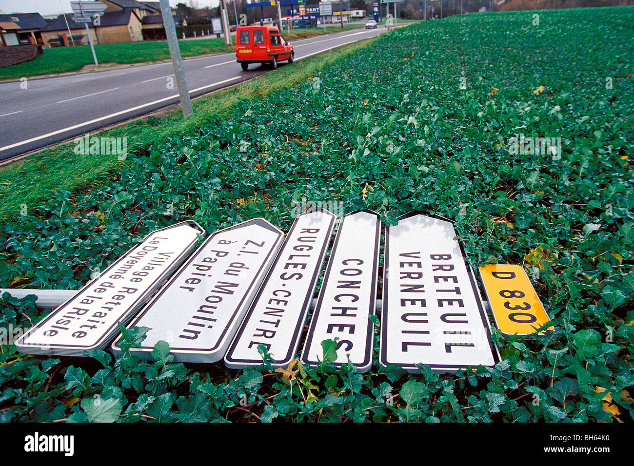 DIRECTION SIGN BLOWN OVER FOLLOWING THE BAD WEATHER AND DAMAGE CAUSED ...
