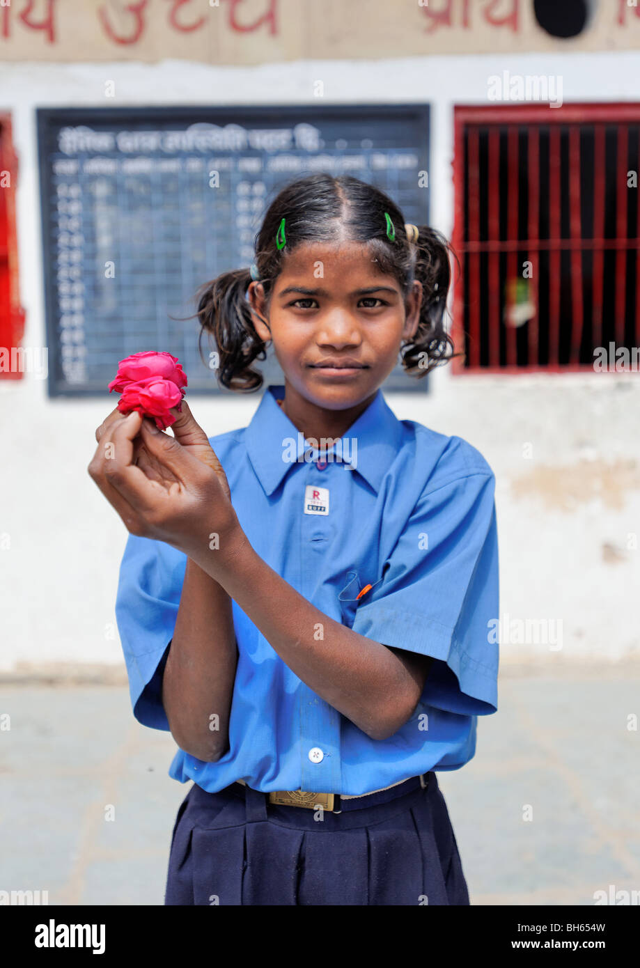 Schoolgirl Holding Flower, Jaipur Stock Photo - Alamy