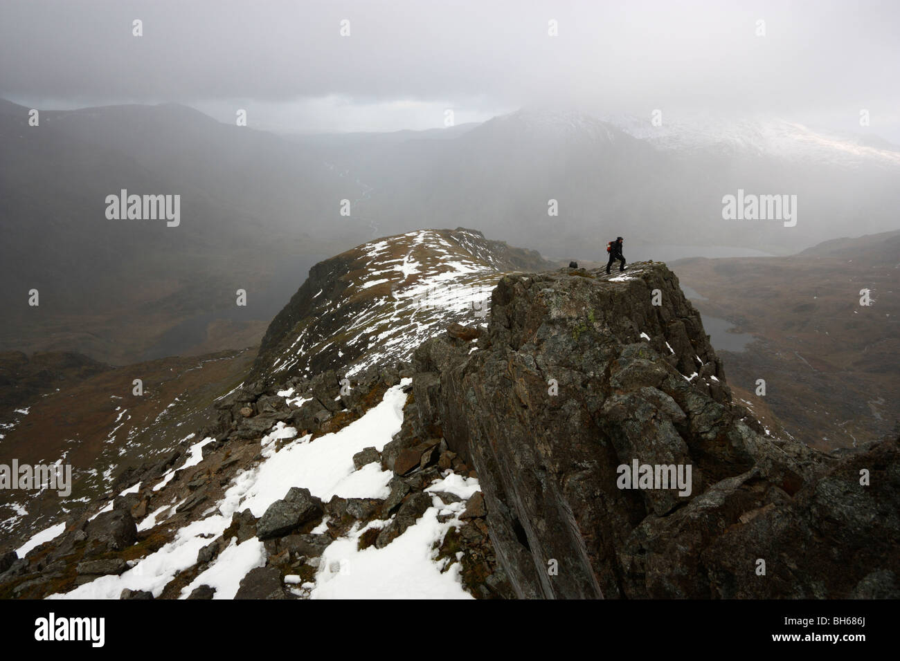 Hill walkers on the ridge of Y Gribin, a grade 1 scramble in the ...