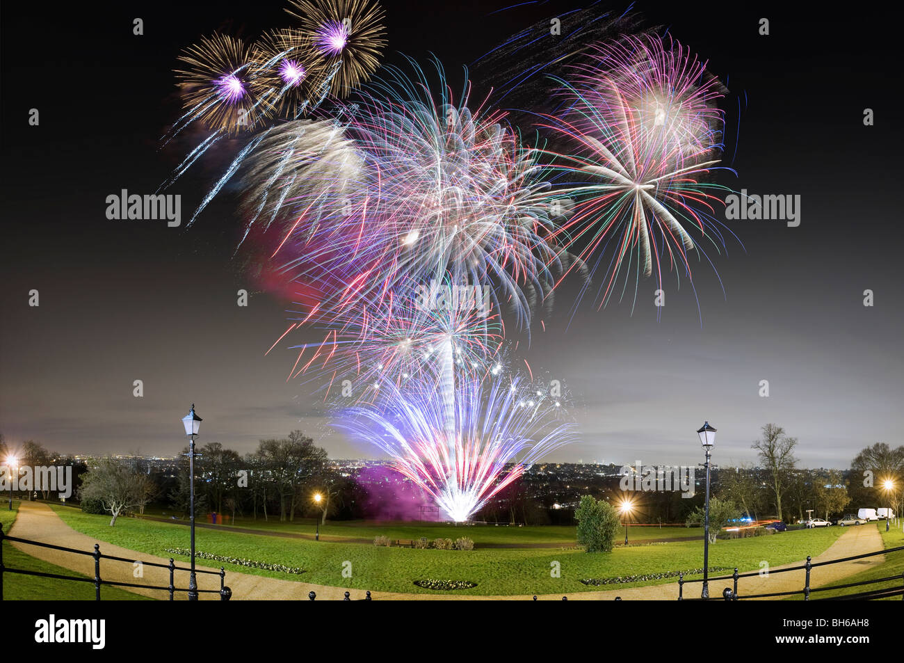 Fireworks over london skyline park at Alexandra Palace, London Stock ...