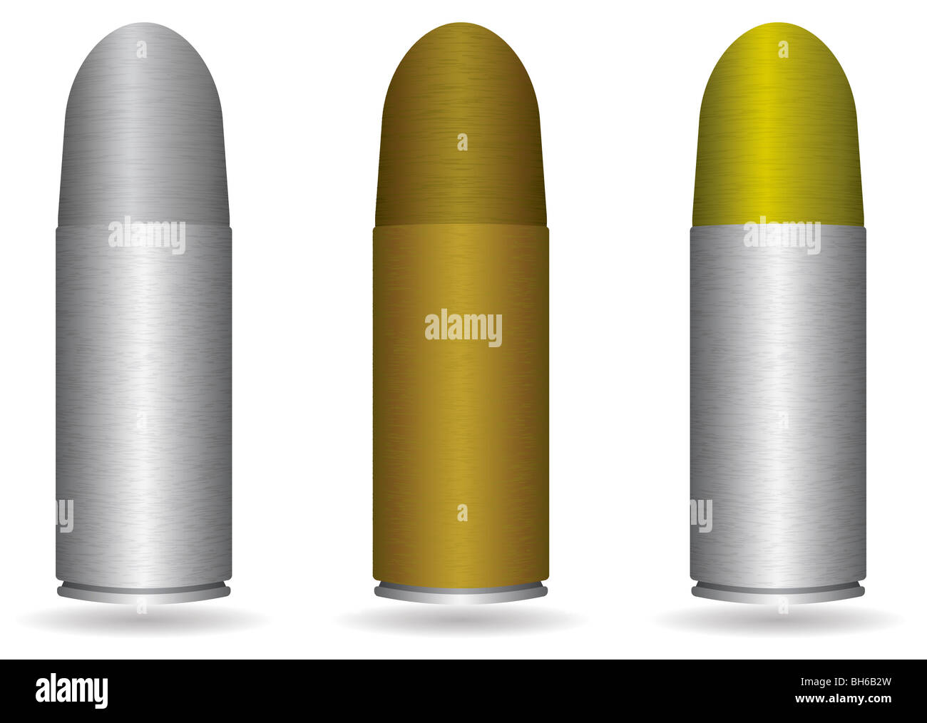 Collection of three small handgun bullets with different metal finishes ...