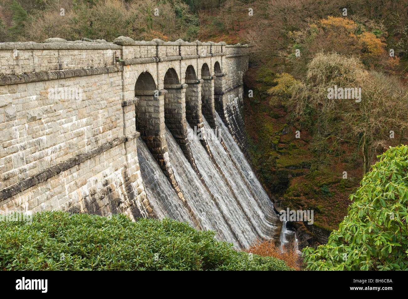 Water runoff over the dam at Burrator Reservoir, Dartmoor, Devon UK ...