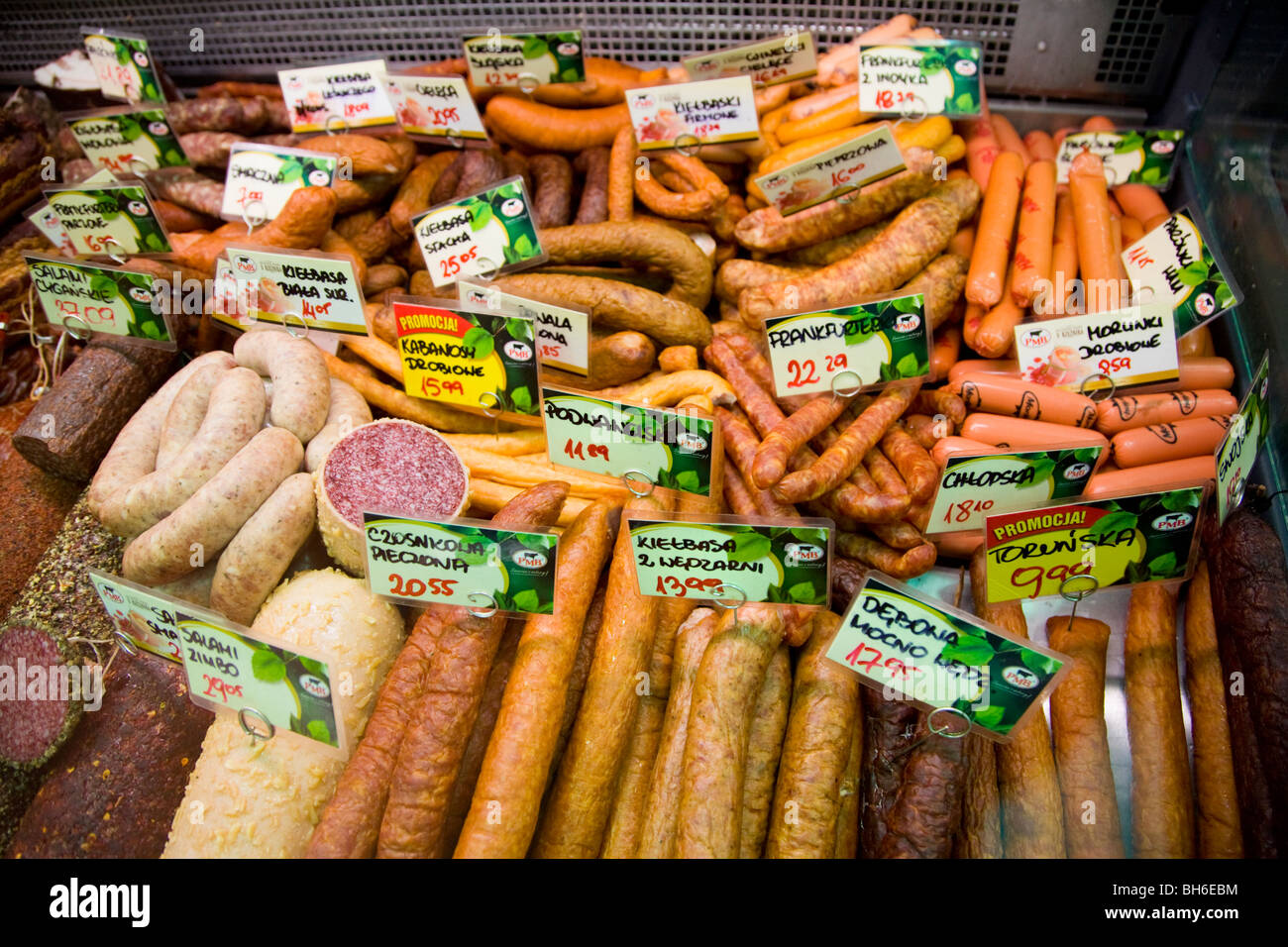 Polish sausages and cooked meat / meats in a chiller cabinet, in ...