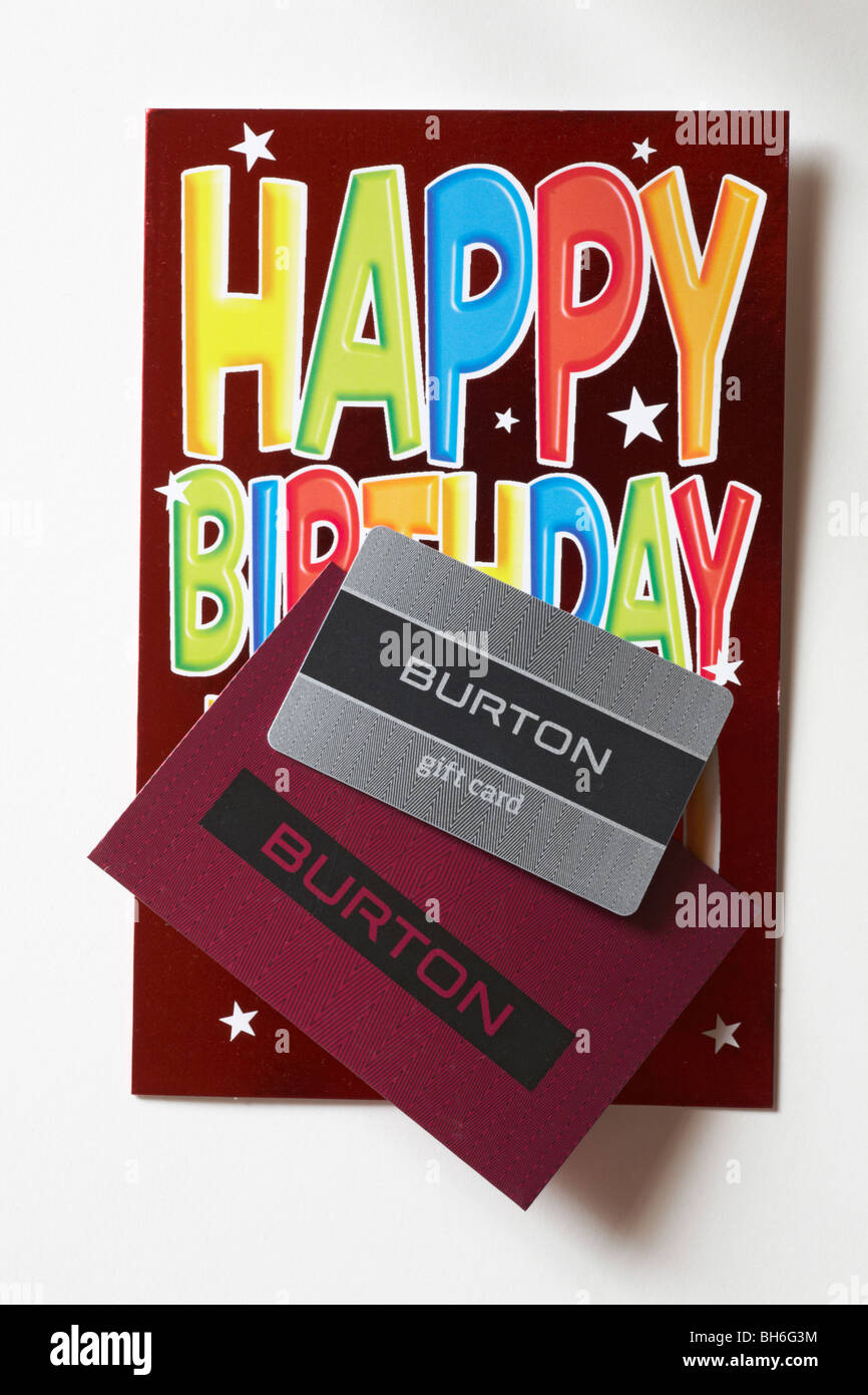 Burton gift card giftcard voucher with Birthday card isolated on white ...