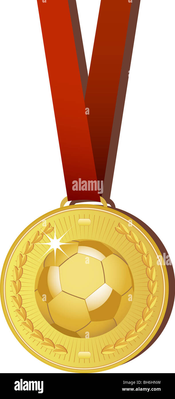Gold medal with football design and red ribbon Stock Photo - Alamy