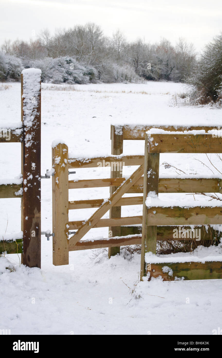 snowy scene winter fences and gate Stock Photo - Alamy