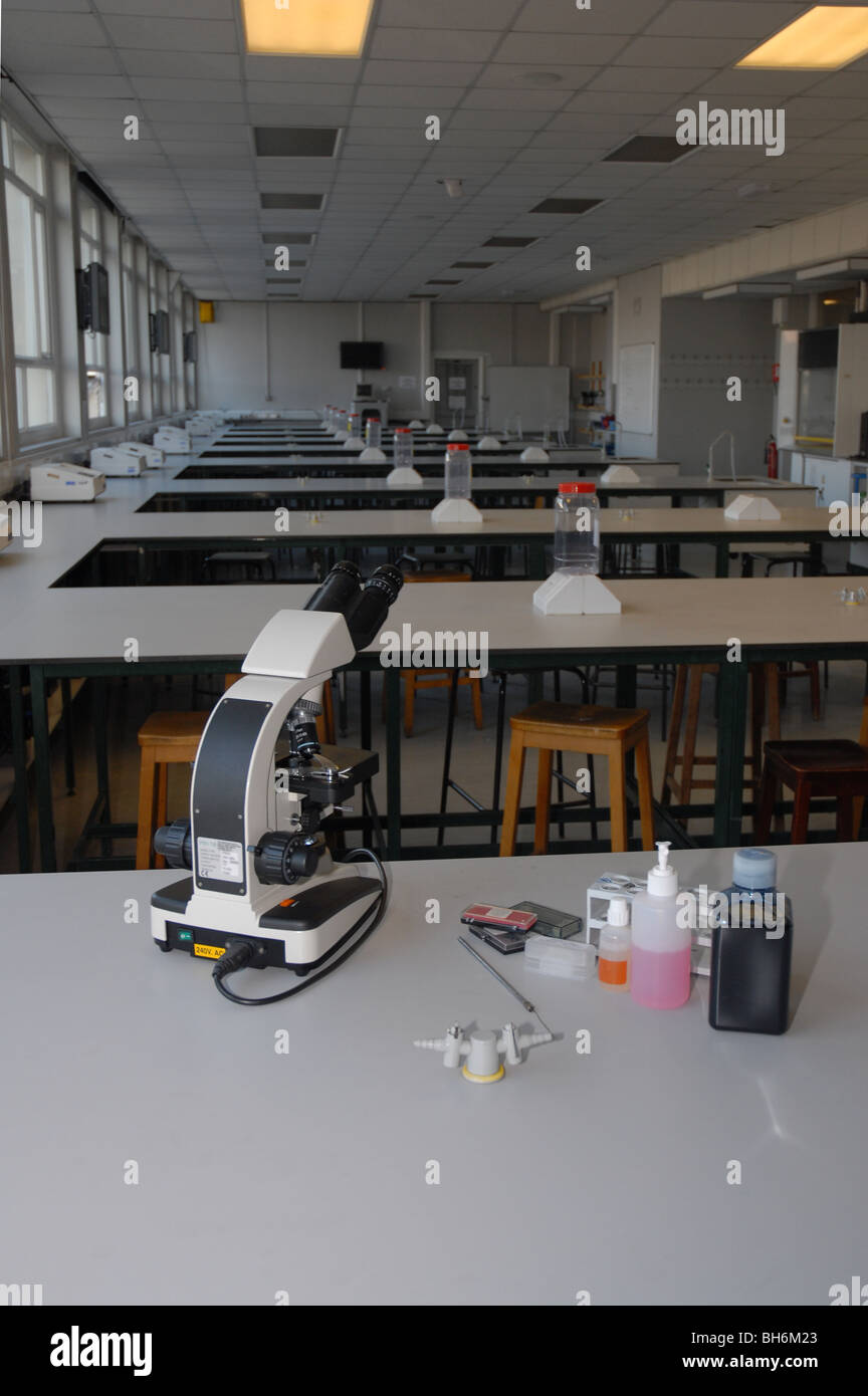 School or university science lab. With microscope and related items on ...