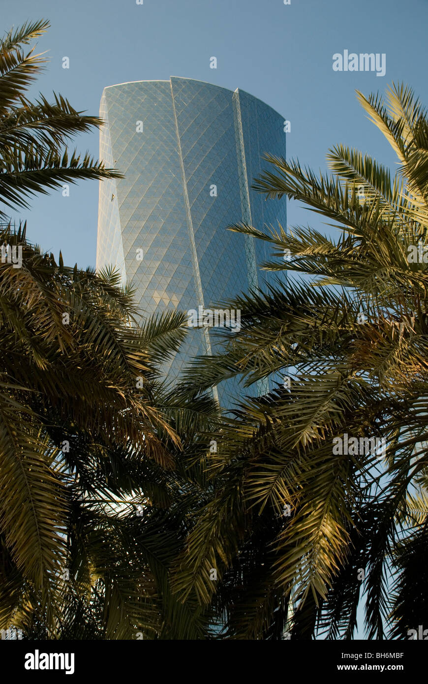 Portrait view of a modern skyscraper building at West Bay, Doha, Qatar ...