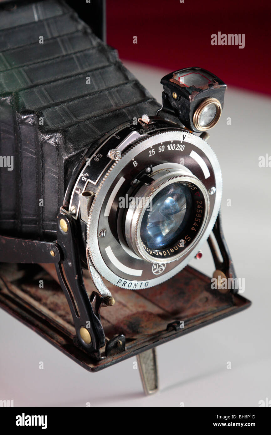 Detail of front of an old 1950s folding bellows camera with Schneider ...