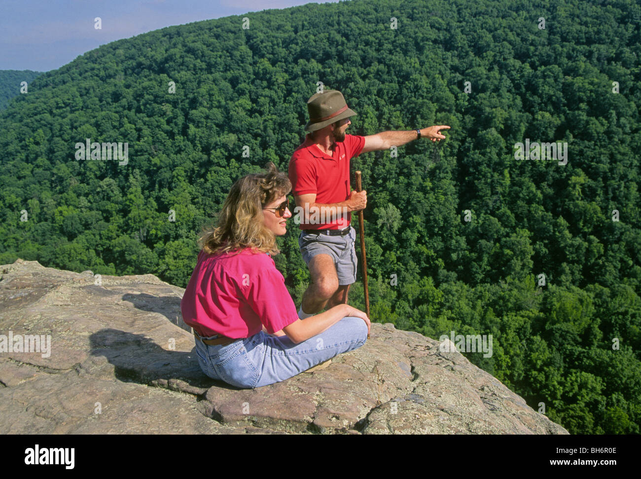 Hikers on Hawksbill Crag or Whitaker Point, far above the Buffalo River ...