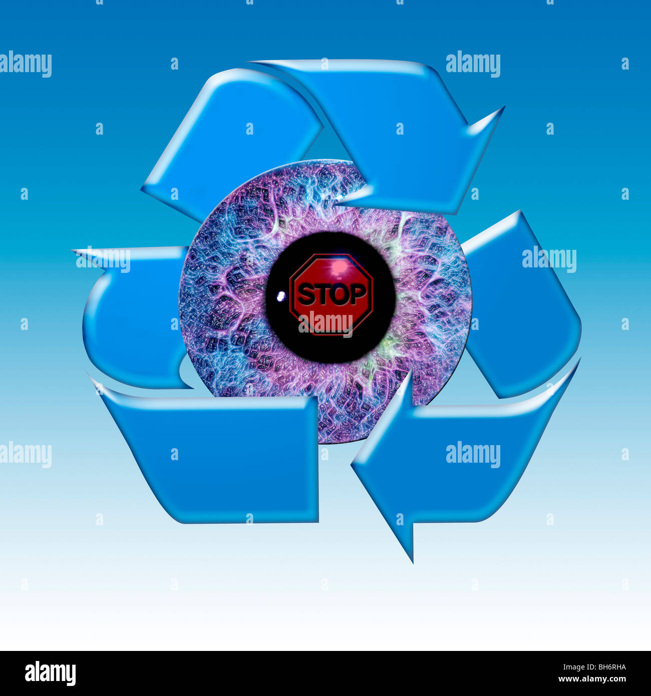 Recycle Symbol surrounding an image of an eye with a Stop sign ...