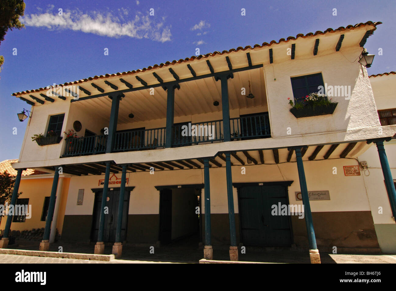 Ecuador, Cuenca, low angle view of a structure with balconies in a row ...