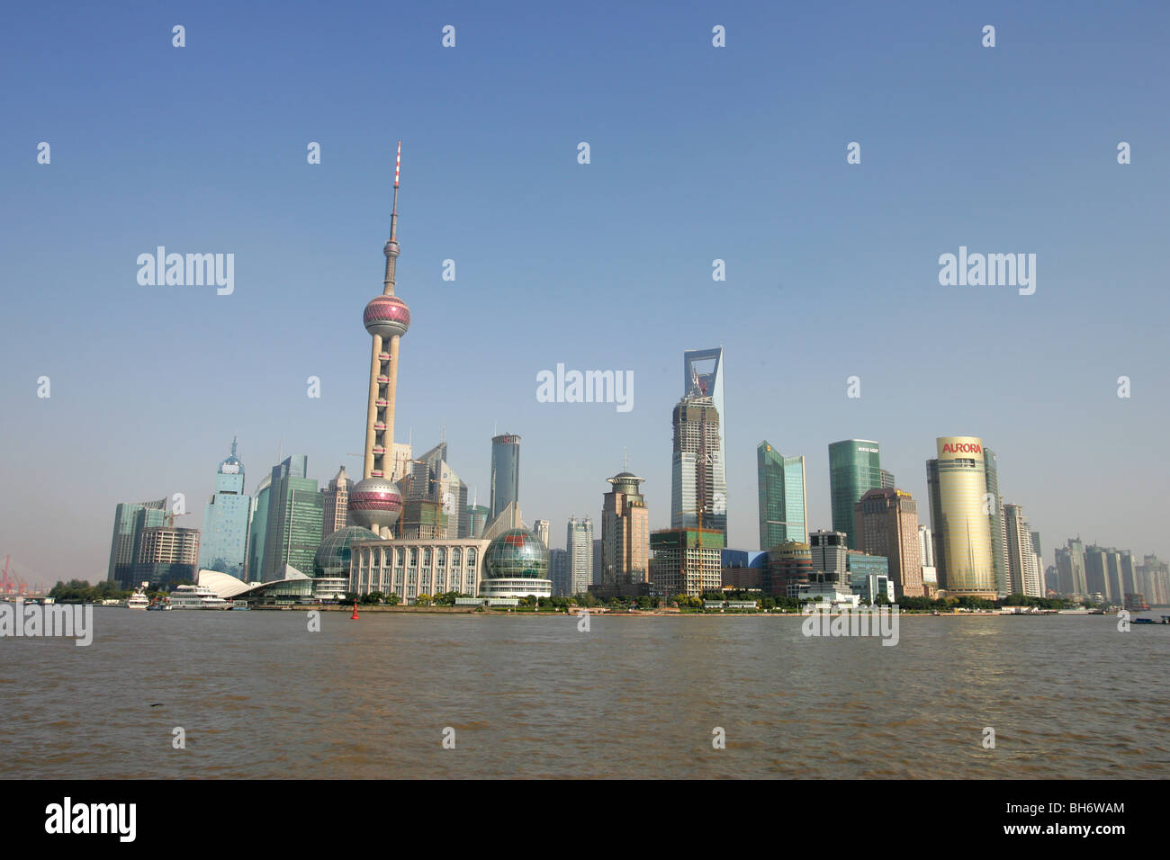 The Huangpu River in Shanghai, China, against the backdrop of the ...