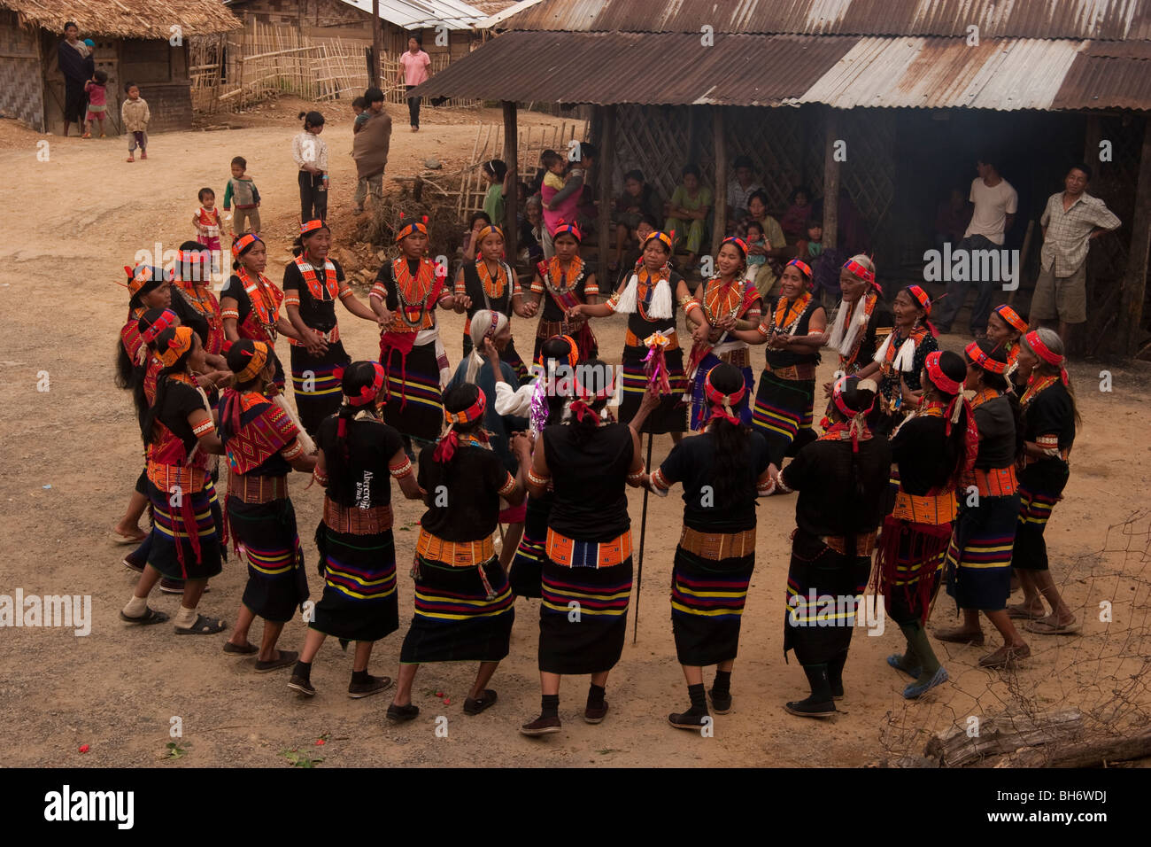 Konyak women rehearse traditional dance, Mon District, Nagaland, India ...