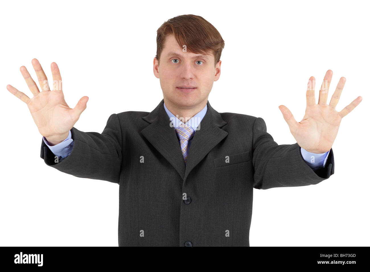 A young man shows a gesture of hands - stop Stock Photo - Alamy