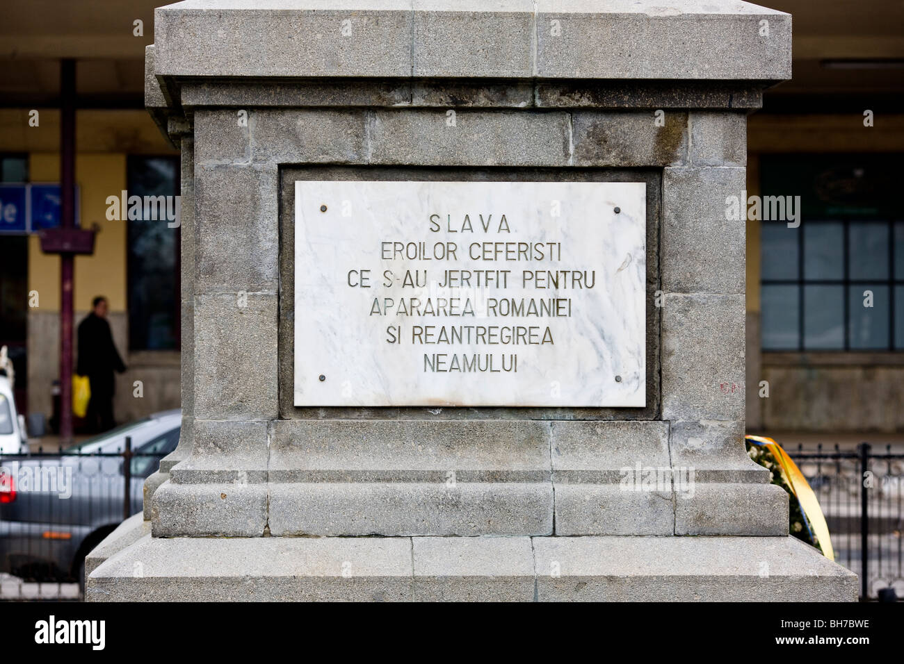 Memorial plaque on the memorial for romanian railway workers and troops ...