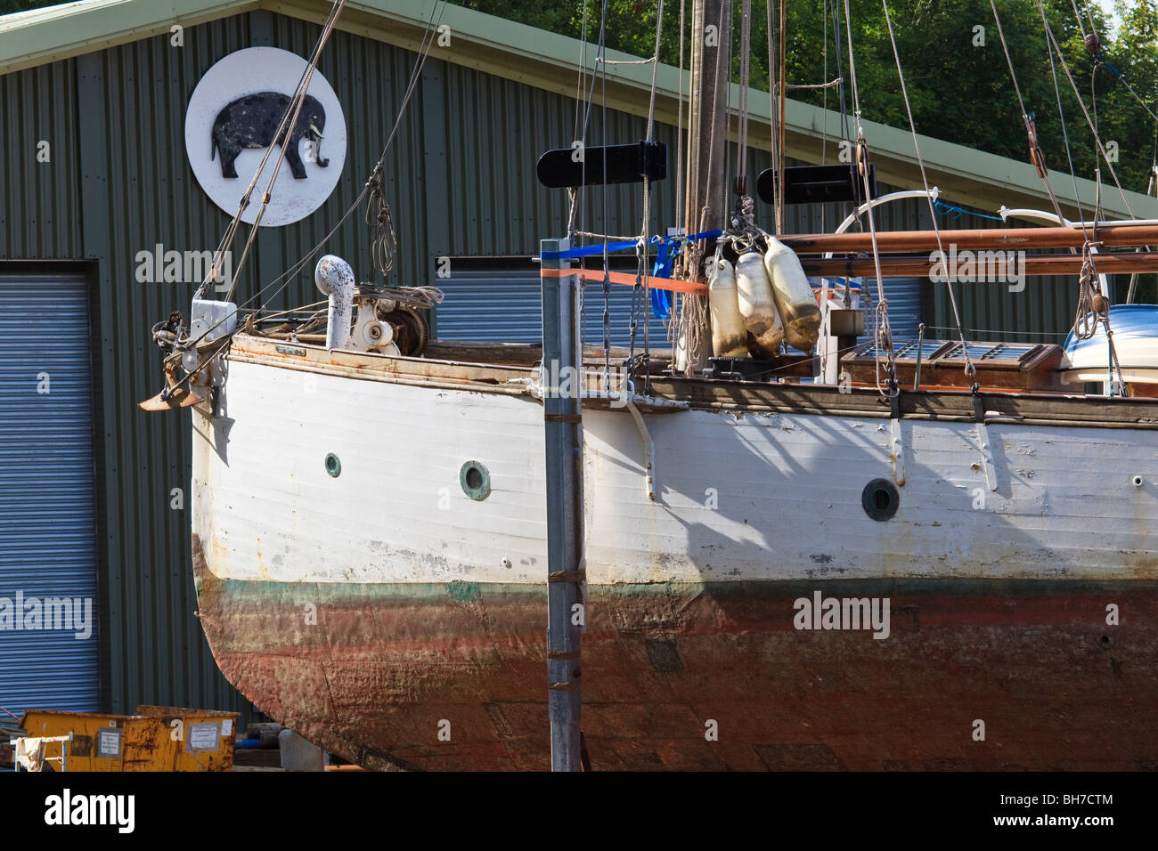 Traditional wooden yacht on the slipway of the Elephant boatyard ...