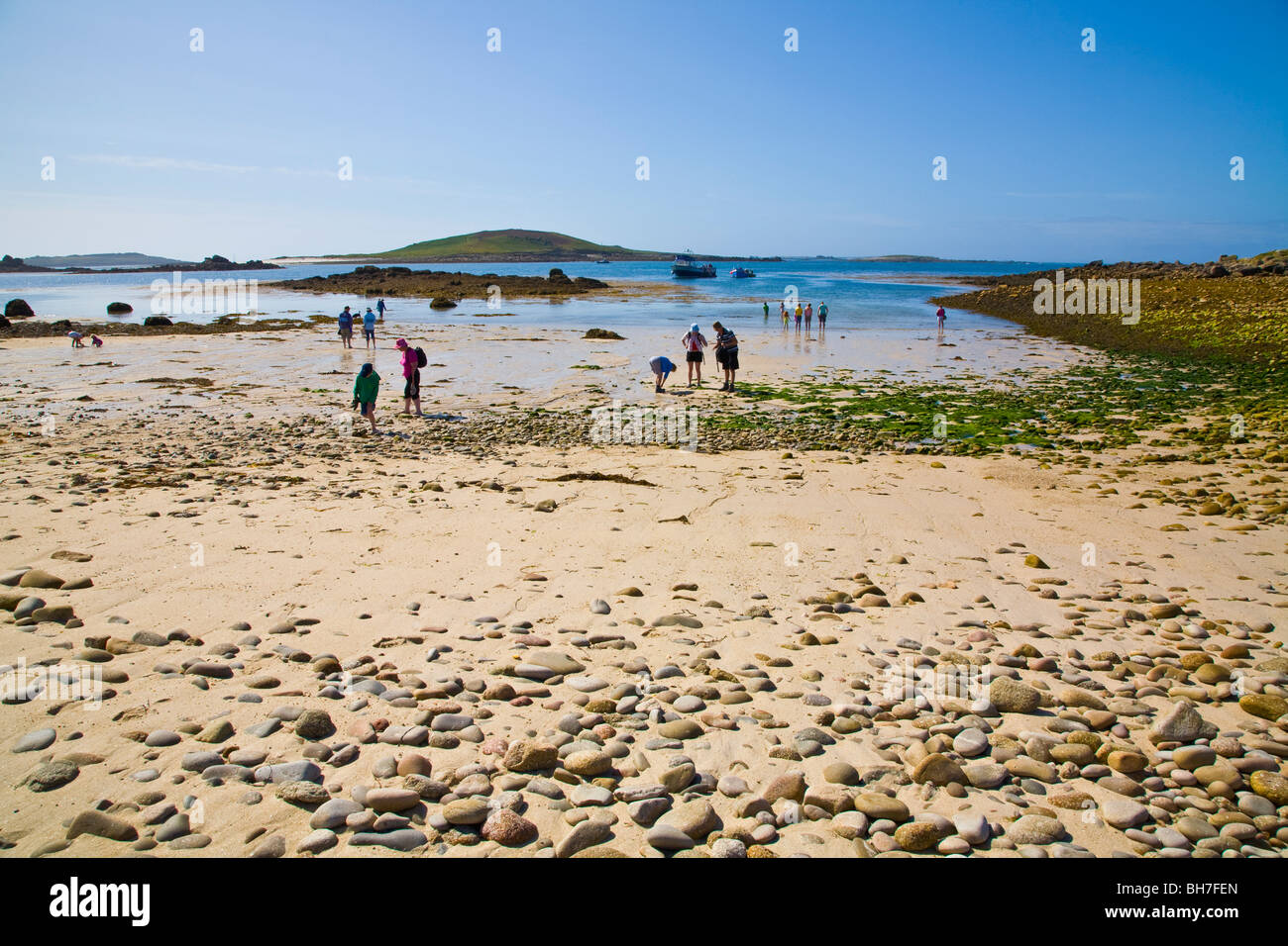 Beachcombing on a beach on the Island of Bryher, Isles Of Scilly Stock ...