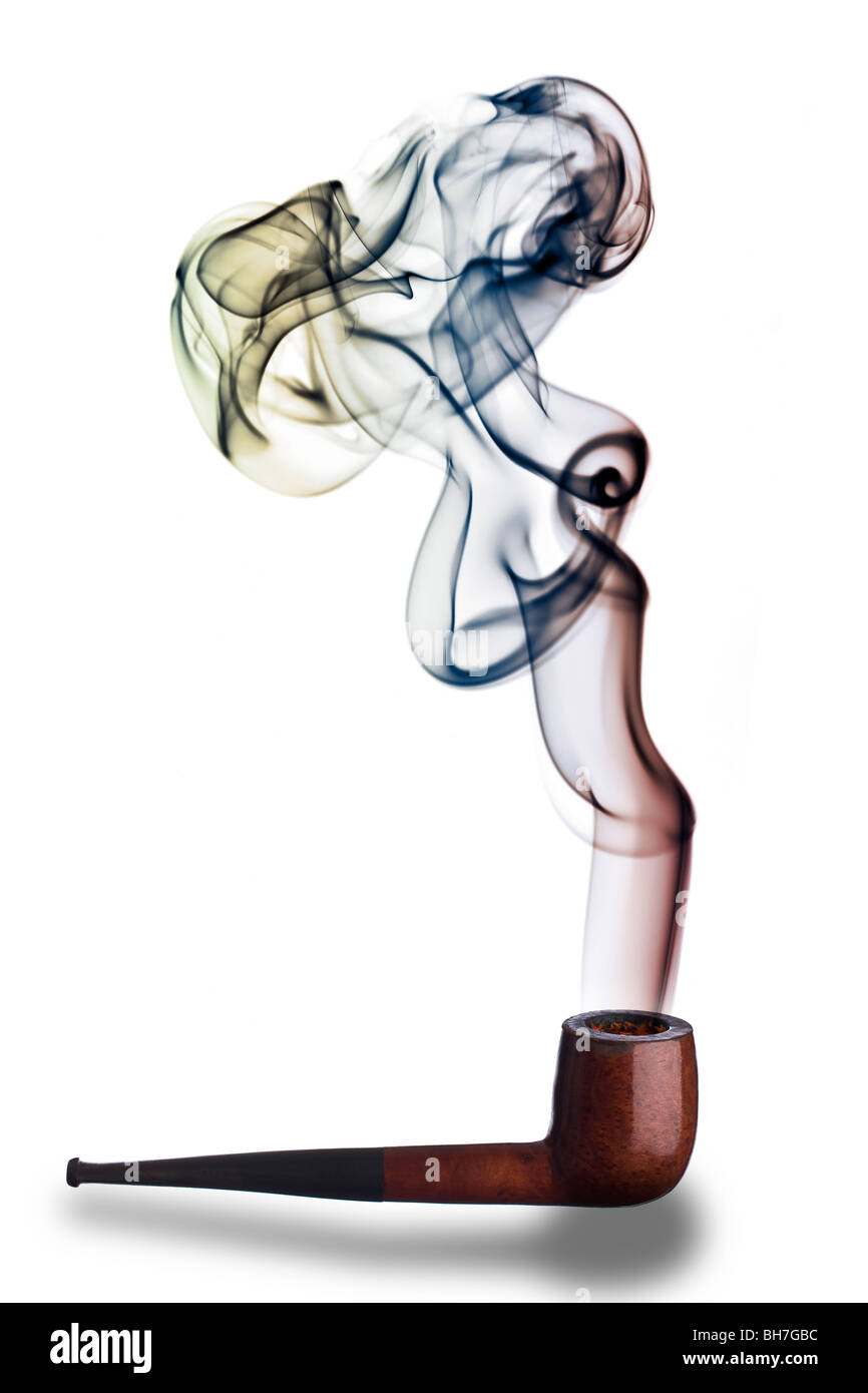 Colourful smoke and a pipe on white background Stock Photo - Alamy