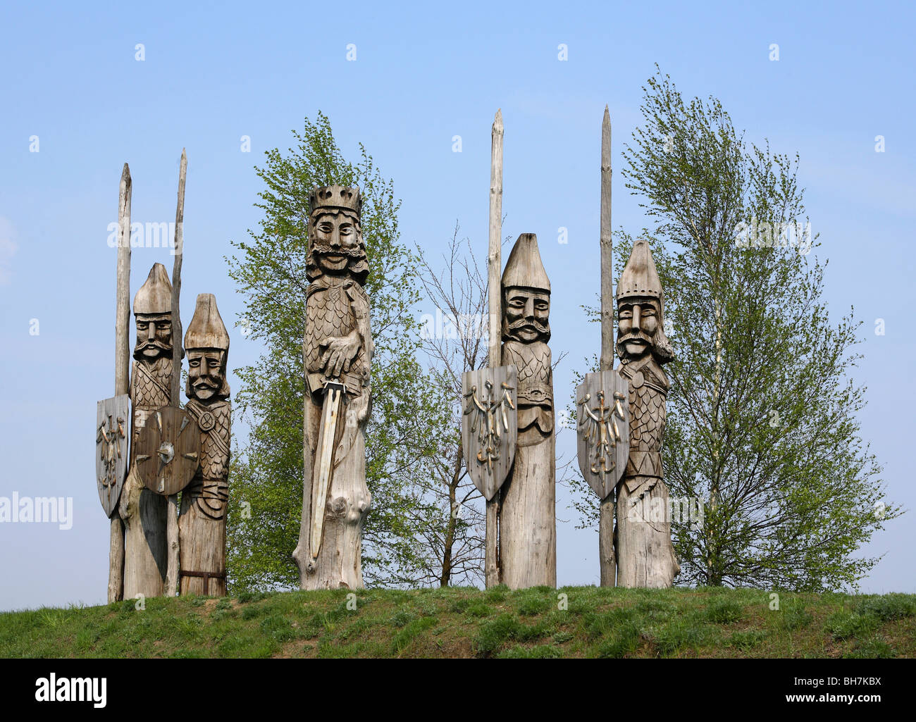 Sculptures of first Piasts, Dziekanowice, Wielkopolska, Poland Stock ...