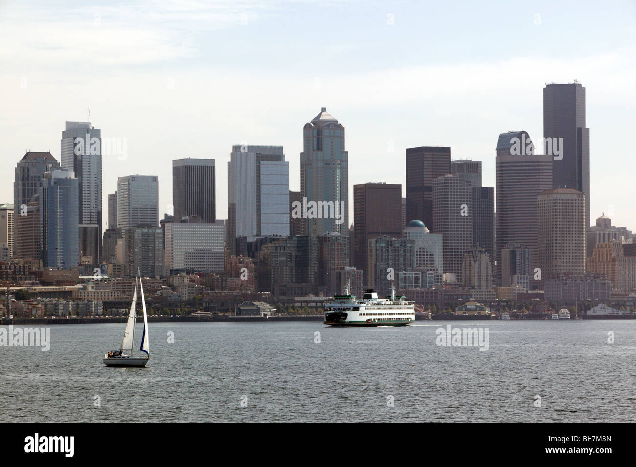 View of the early-evening Seattle skyline and waterfront taken from ...
