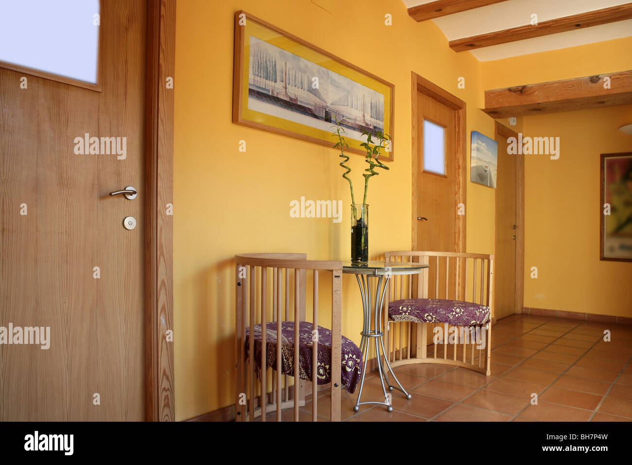 Lobbit, corridor in yellow color with wooden beams interior Stock Photo ...