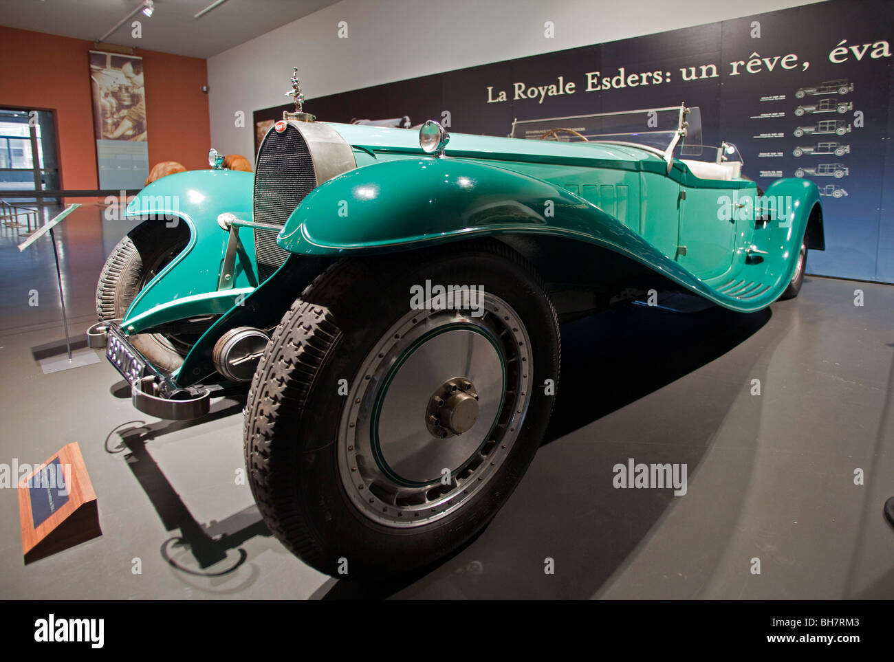 Green Bugatti open sports 2 seater motor car front wheel view ...