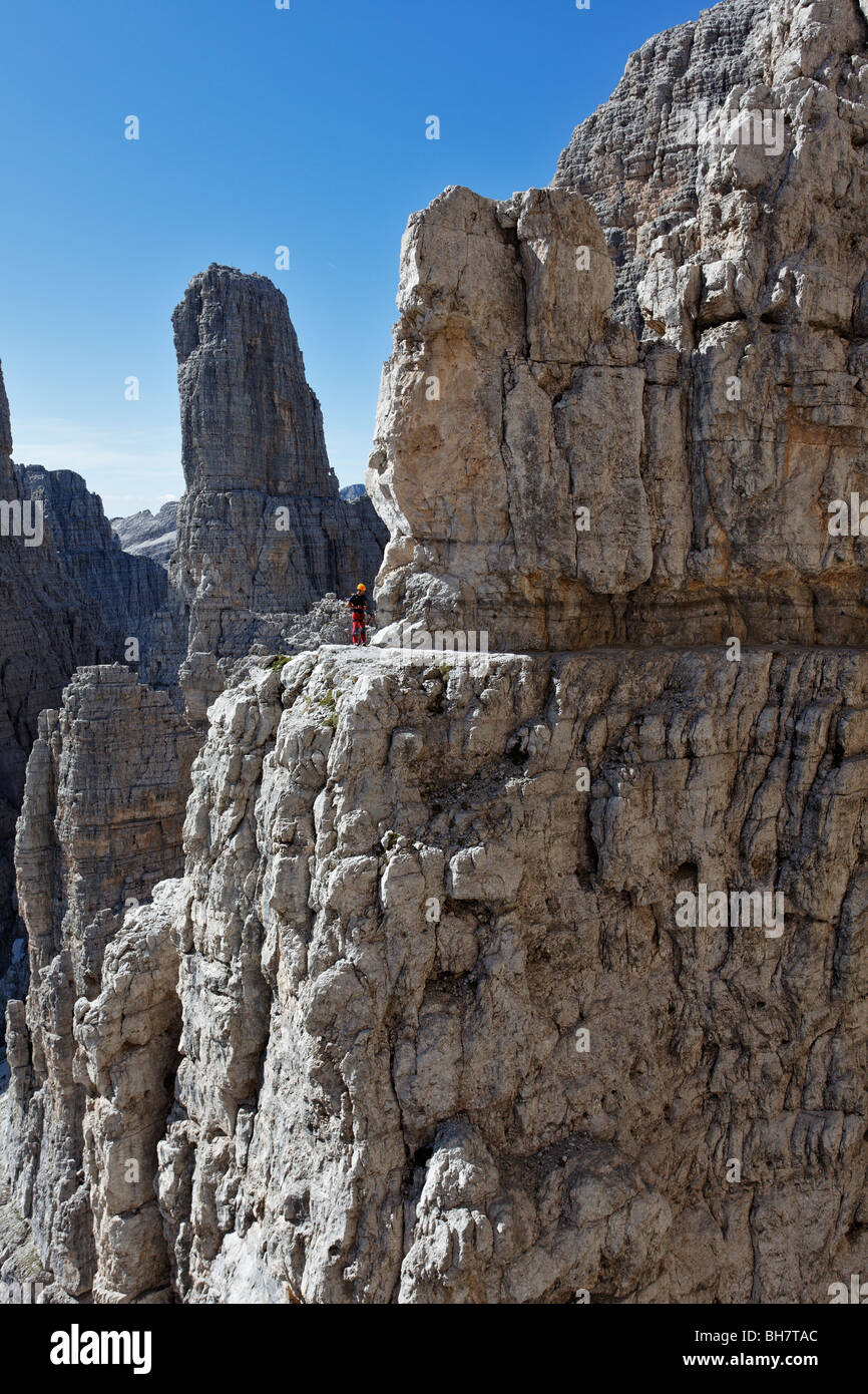 Climber on Via Ferrata, Bocchette Central, Brenta Dolomites, Italy ...