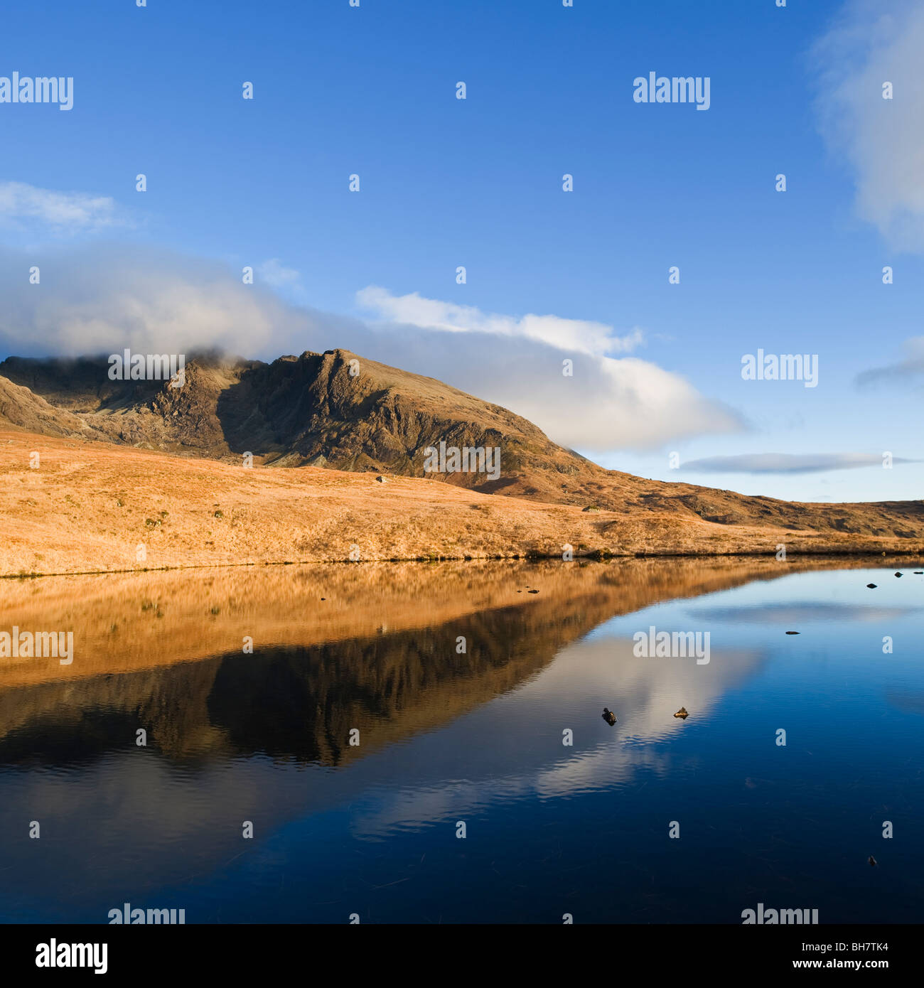 Reflection in lochan, Black Cuillin hills, Glenbrittle, Isle of Skye ...