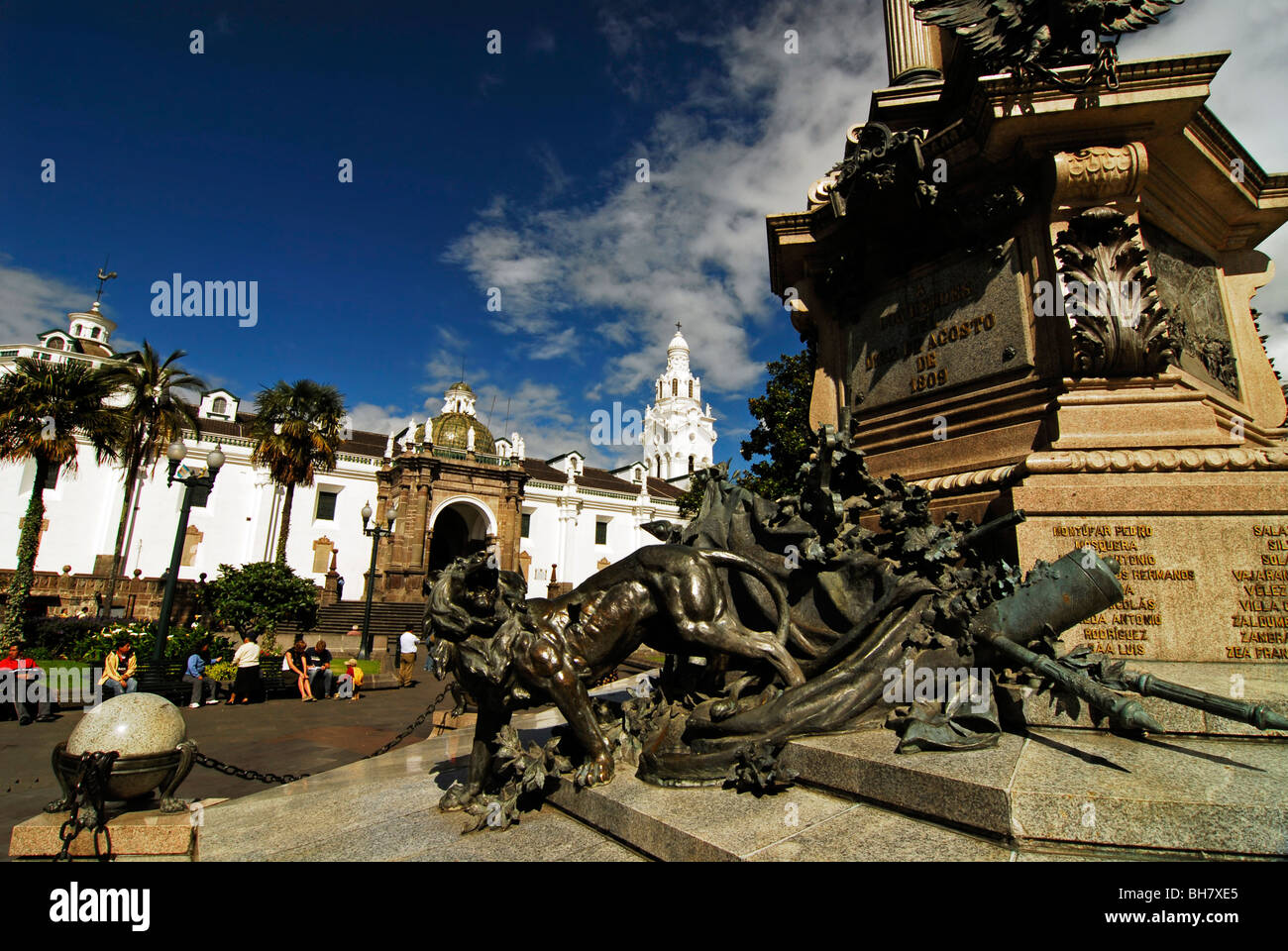 Ecuador, Quito, statue on the main square facing Quito's cathedrol, in ...